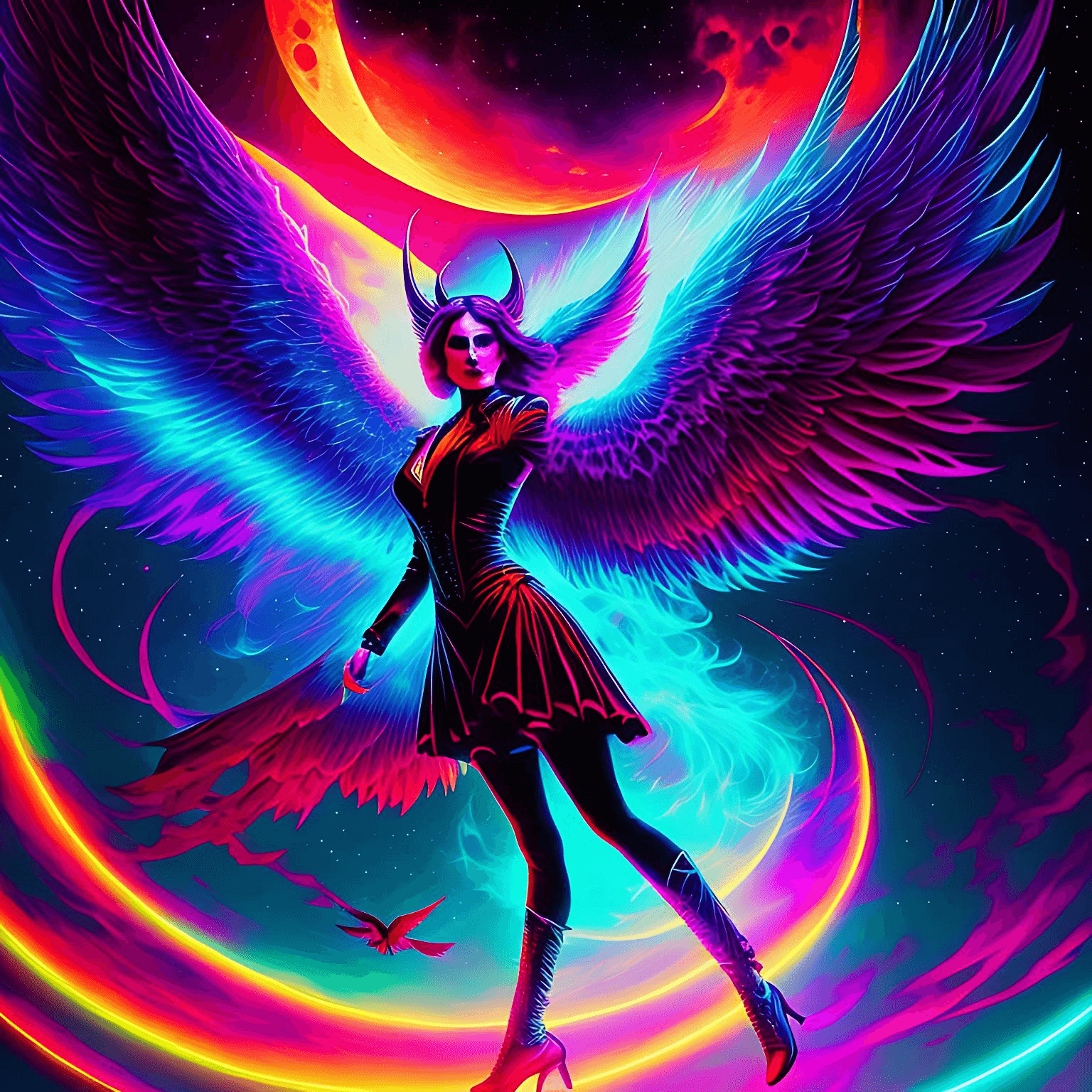 Psychedelic devil lady with wings flying to the moon - Random virtual NFTs | OpenSea